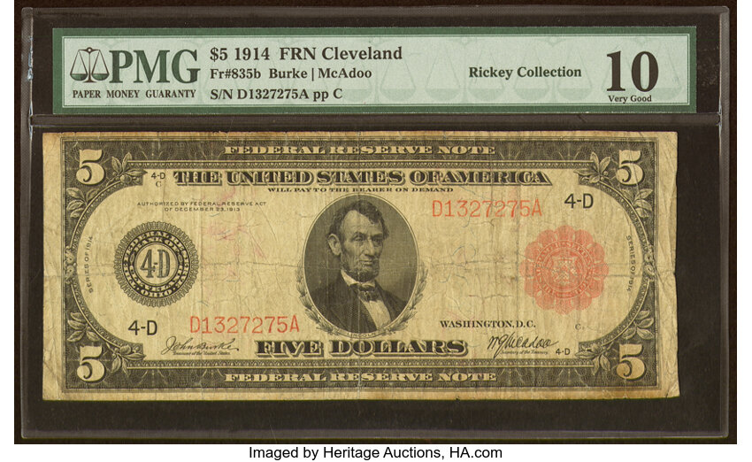 Bid on 1914 Red Seal, Cleveland $5 PMG VG10 (Fr. 835B) | Greysheet Marketplace