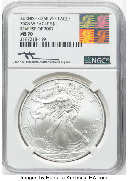 Bid on 2008-W Silver Eagle, Burnished, Reverse of 2007 $1 NGC MS70 | Greysheet Marketplace